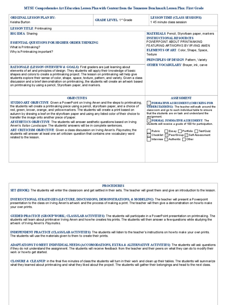 1st Grade Mtsu Comprehensive Art Education Lesson Plan TN Benchmarks 1 ...
