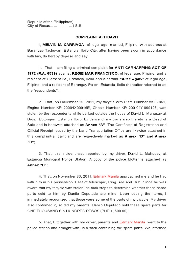 Carnapping Complaint Affidavit Sample | PDF | Affidavit | Common Law