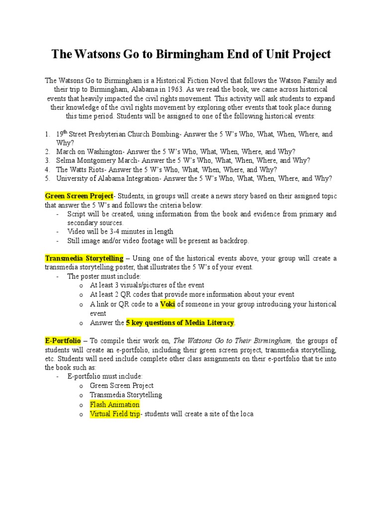 The Watsons Go To Birmingham End of Unit Project | PDF | African ...