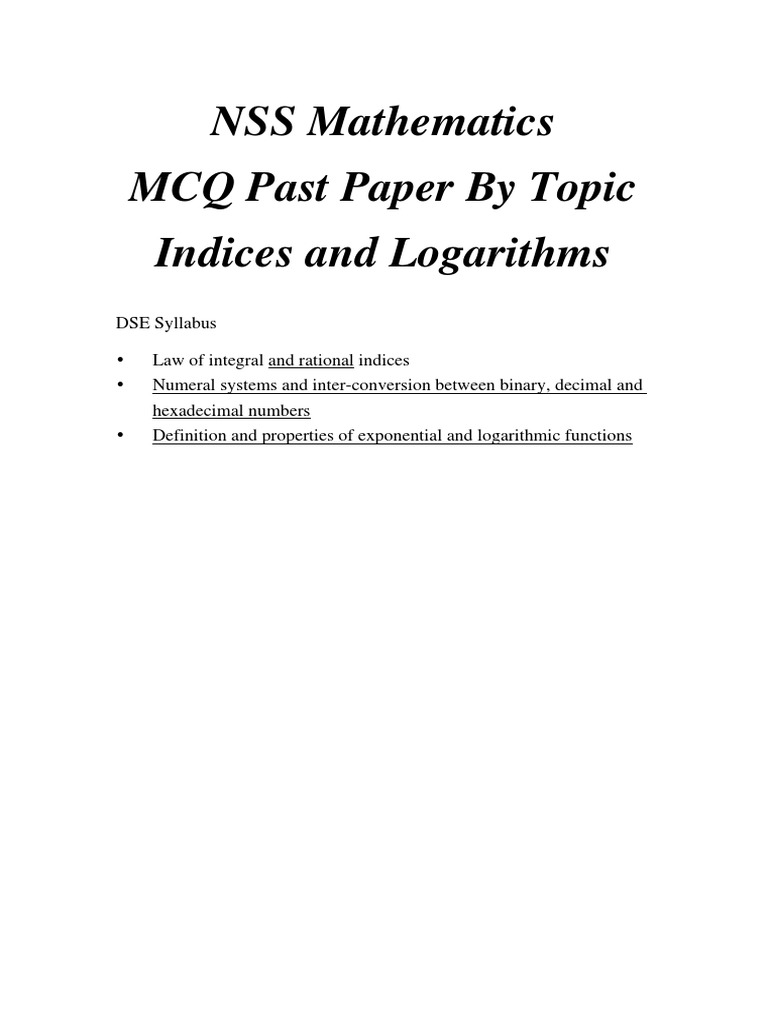 DSE Indices & Logarithms MCQ Past Papers | PDF | Logarithm | Discrete ...