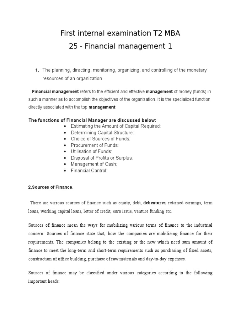 First Internal Examination T2 MBA | PDF | Financial Capital | Loans