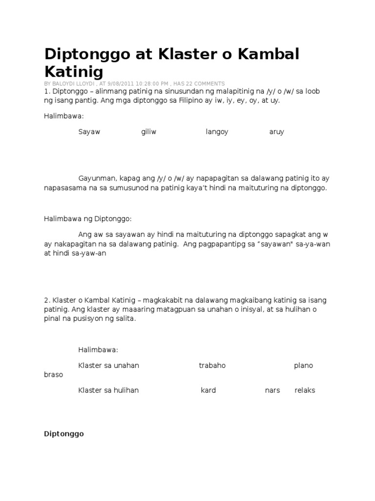 Diptonggo at Klaster o Kambal Katinig | PDF