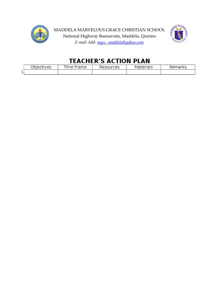 Teacher'S Action Plan: Maddela Marvelous Grace Christian School ...