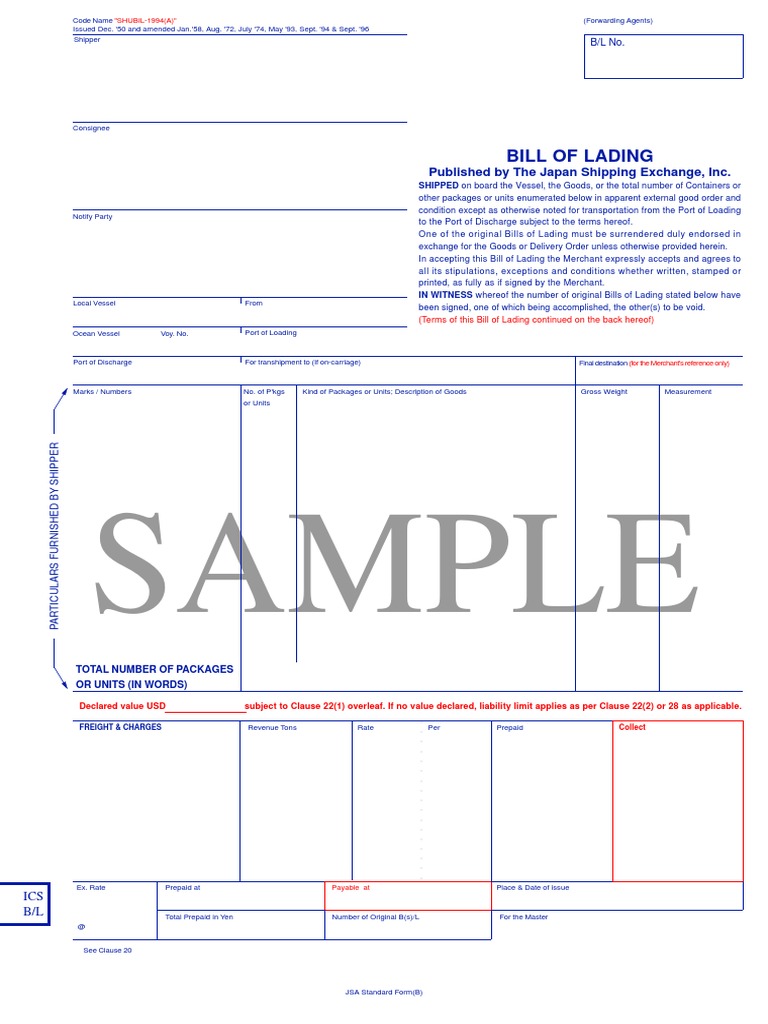 Ocean Bill Of Lading Template