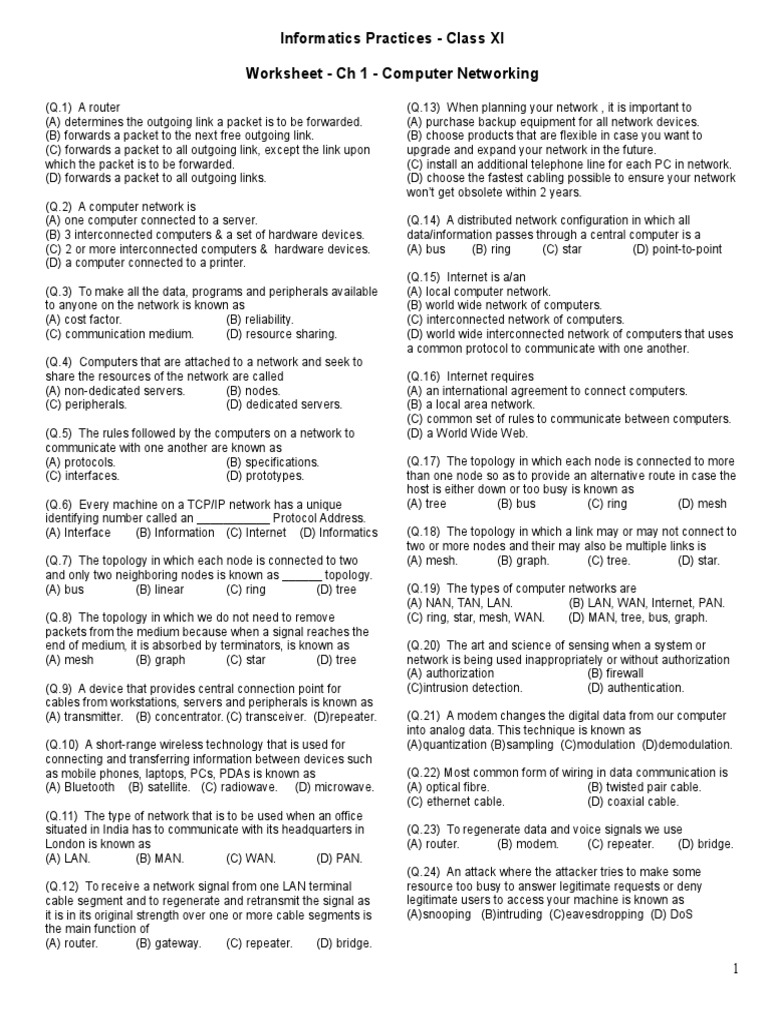 Class XI Networking Worksheet | PDF | Network Topology | Computer Network
