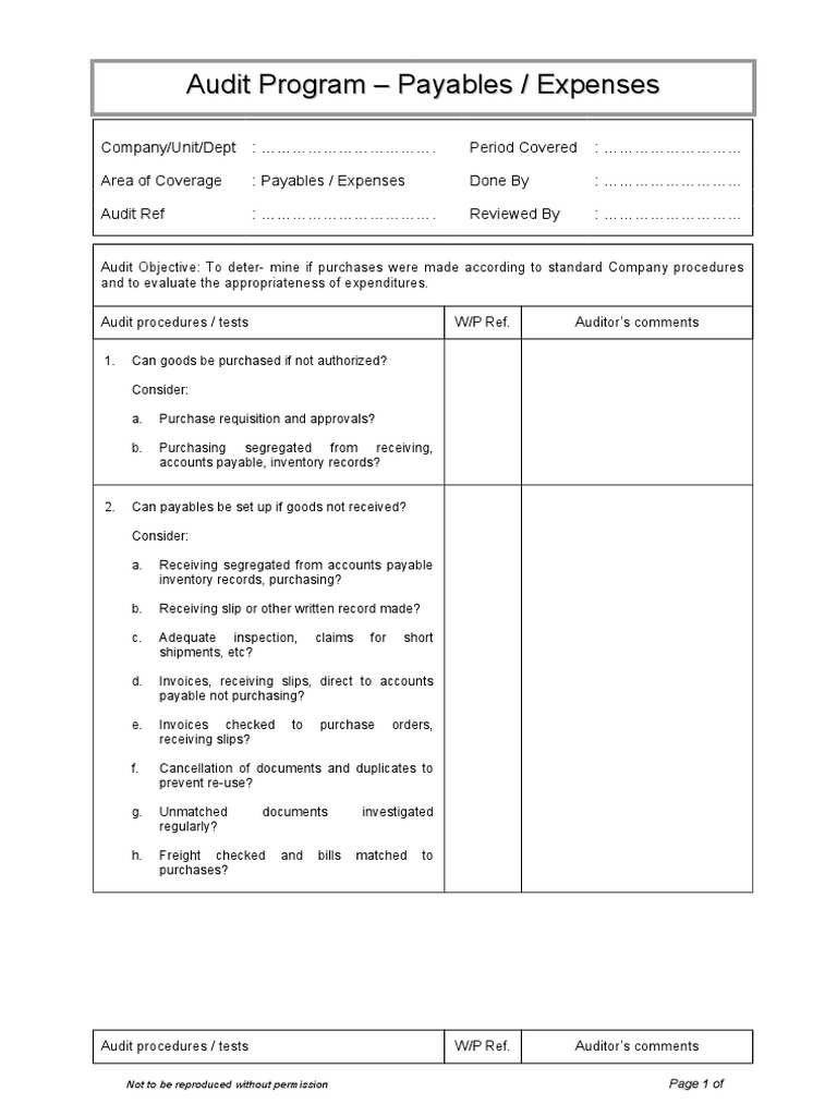 WIP IA Manual - Audit Program - Payables | Accounts Payable | Cheque