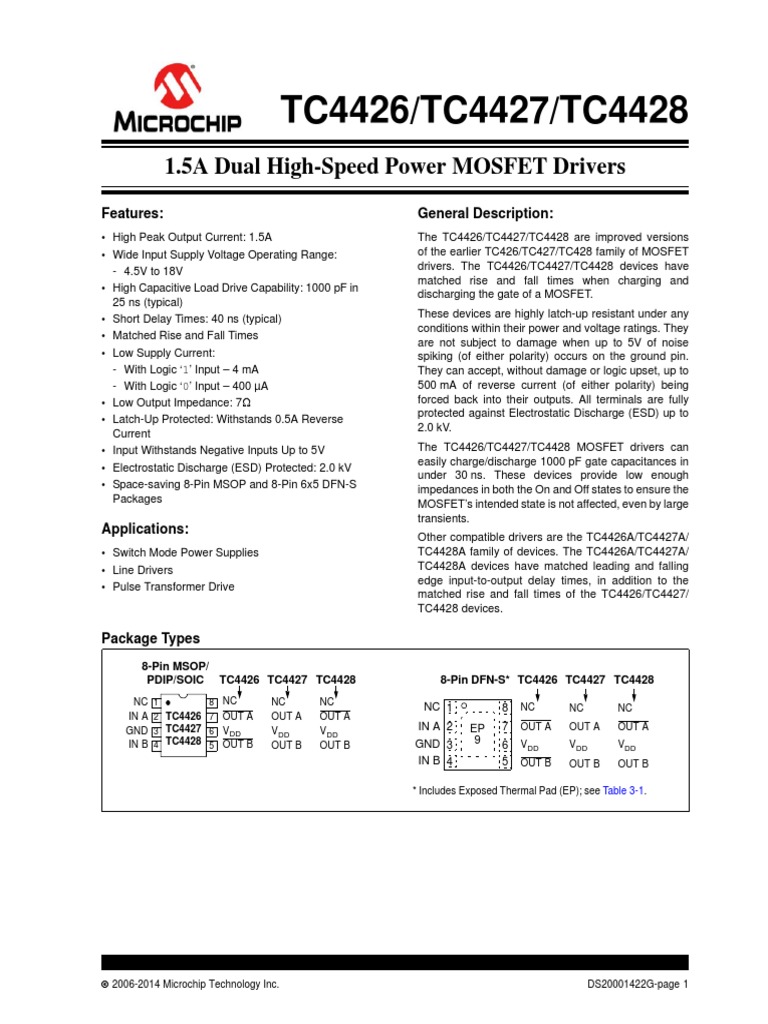 TC4426/TC4427/TC4428: 1.5A Dual High-Speed Power MOSFET Drivers | PDF ...