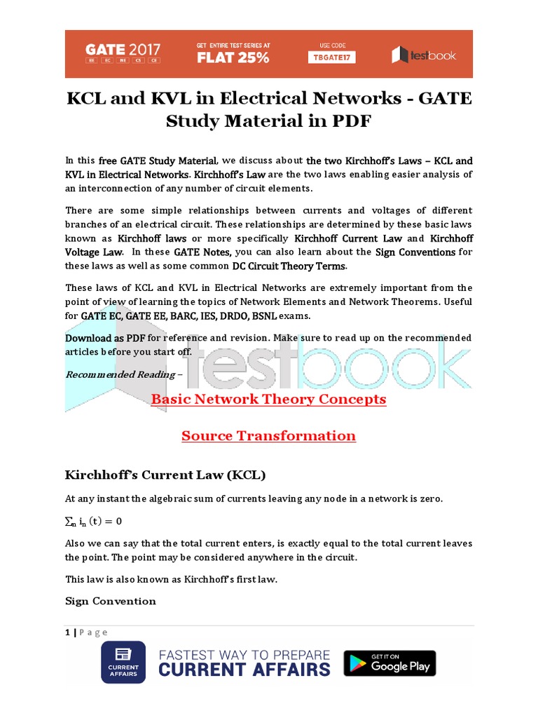 KCL and KVL in Electrical Networks - GATE Study Material in PDF | PDF ...