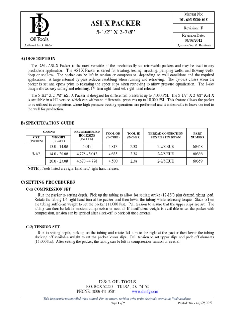 Asi-X Packer: A) Description | PDF | Pressure | Mechanical Engineering