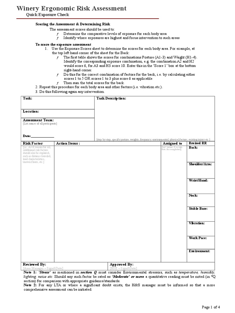 SAMPLE Ergonomic Risk Assessment | Risk | Nature
