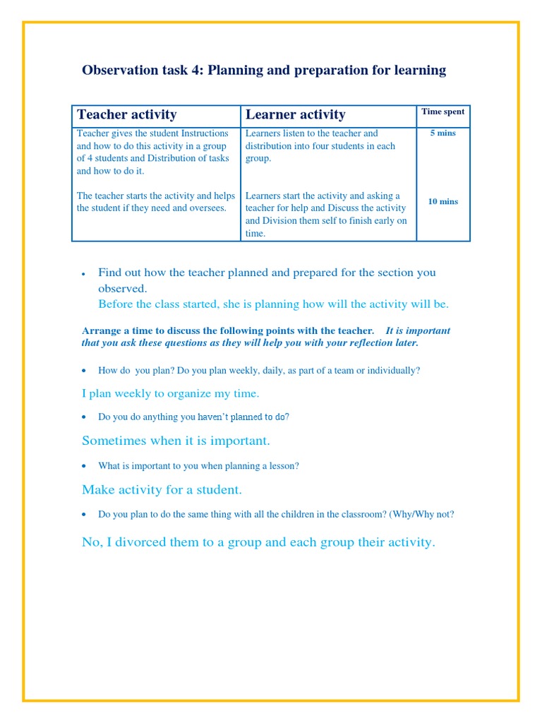 Observation Task 4: Planning and Preparation For Learning | PDF