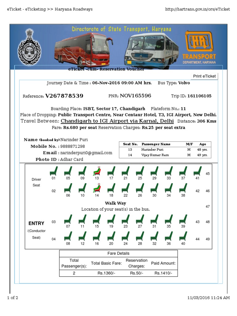 Travel Between: Chandigarh To Igi Airport Via Karnal, Delhi: Eticket - Cum-Reservation Voucher ...