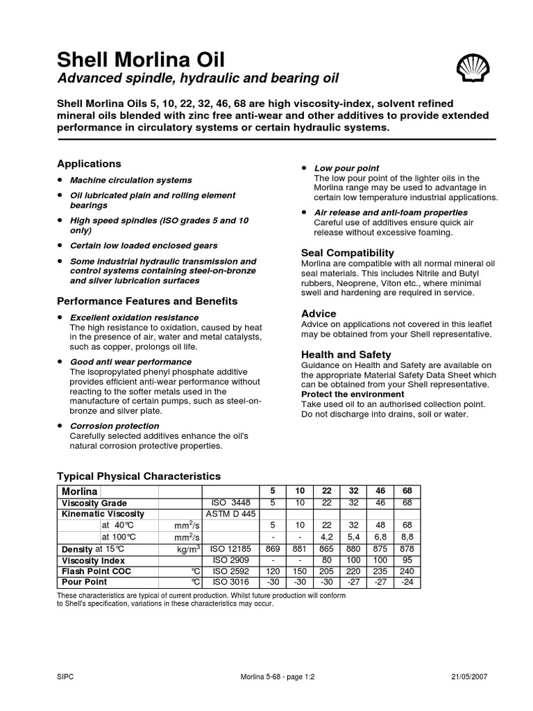 Shell Morlina Oil: Advanced Spindle, Hydraulic and Bearing Oil | PDF ...