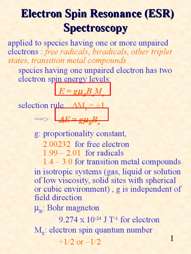 Electron Spin Resonance (ESR) Spectros | PDF | Electron Paramagnetic ...