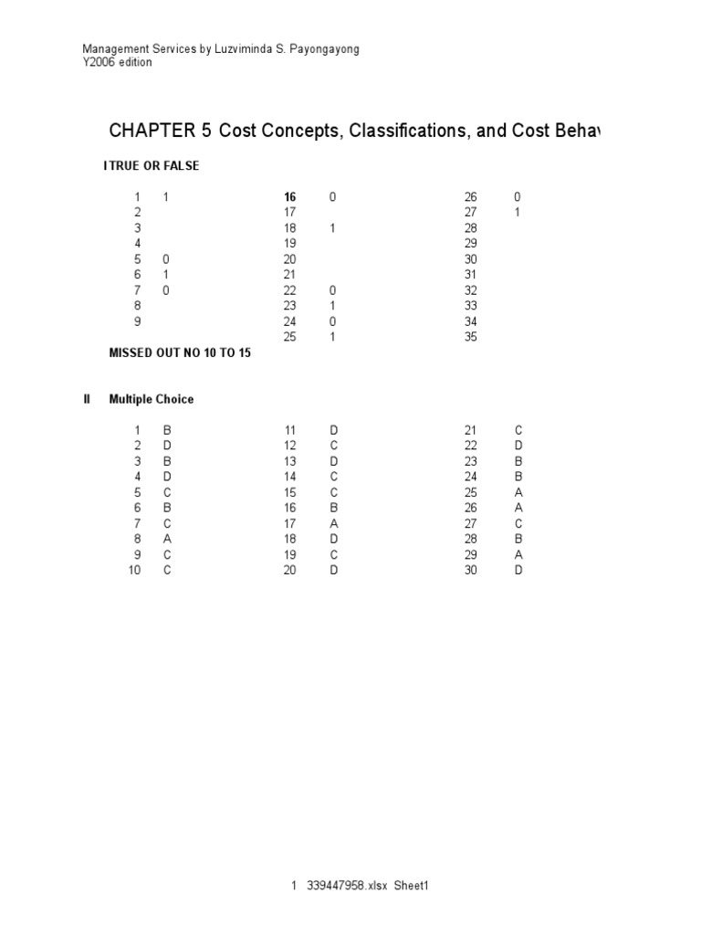 CHAPTER 5 Cost Concepts, Classifications, and Cost Behavior: I True or False 16 | PDF