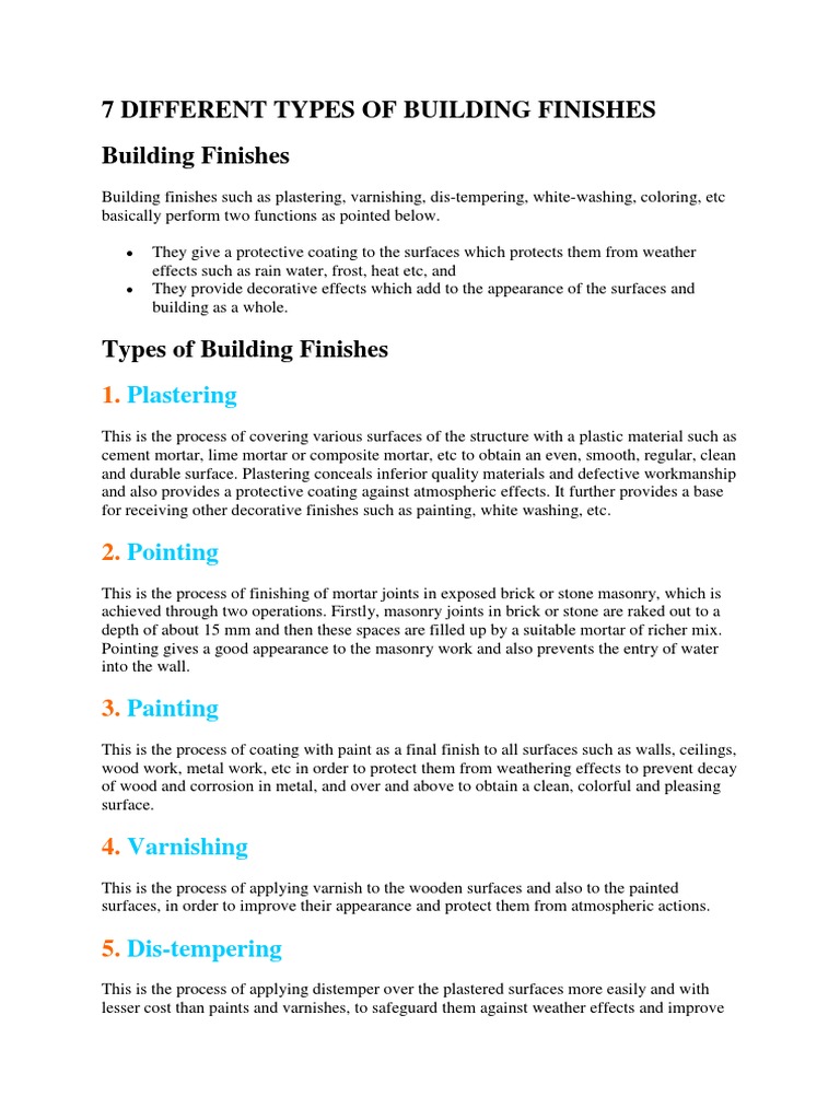 7 Different Types of Building Finishes | PDF | Masonry | Mortar (Masonry)
