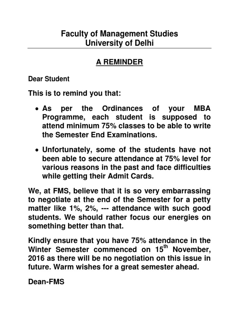 Faculty of Management Studies University of Delhi: Dear Student | PDF