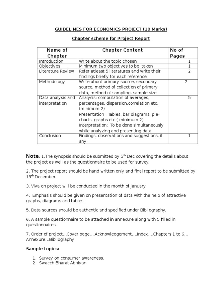 Name of Chapter Content No of Pages: Guidelines For Economics Project ...