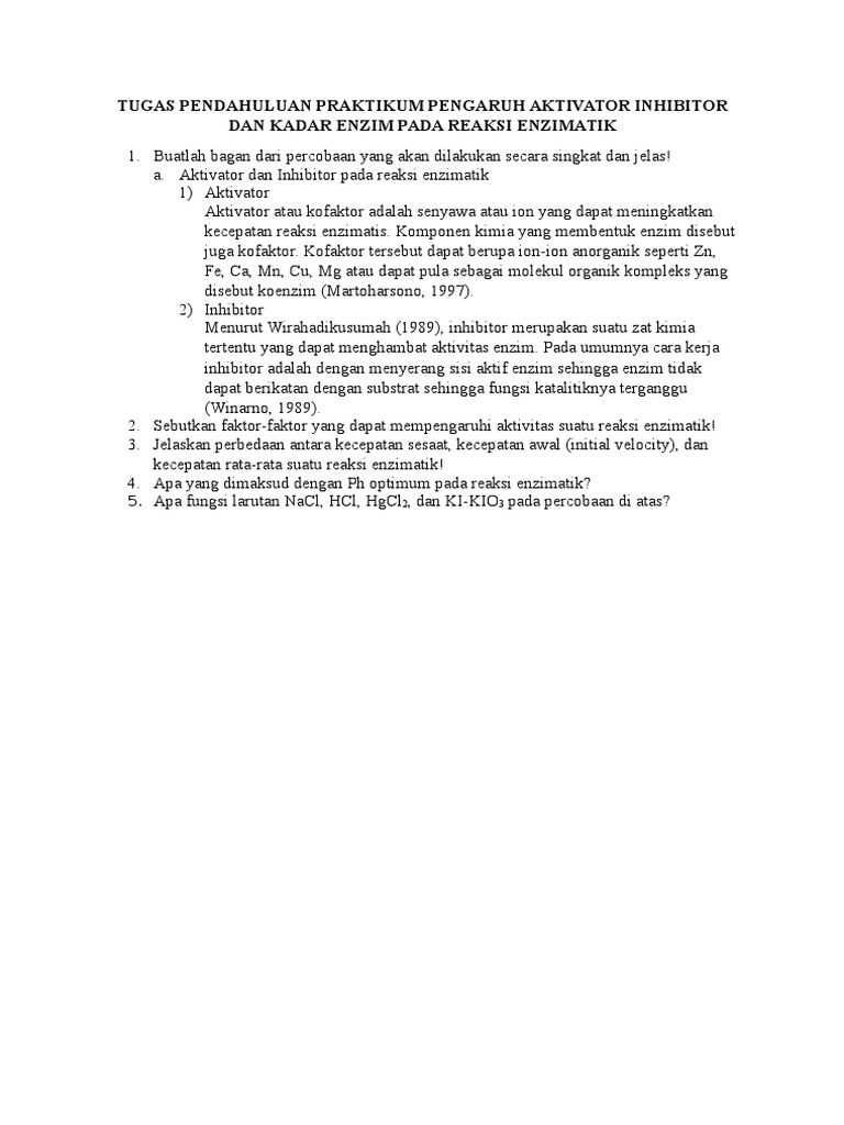 Tugas Pendahuluan Praktikum Pengaruh Aktivator Inhibitor Dan Kadar ...
