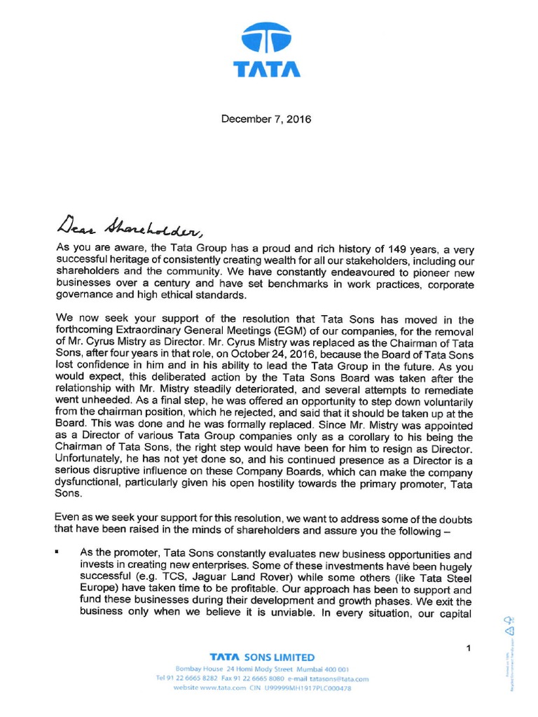 A Letter From MR Ratan N Tata Interim Chairman Tata Sons To Sh... | PDF