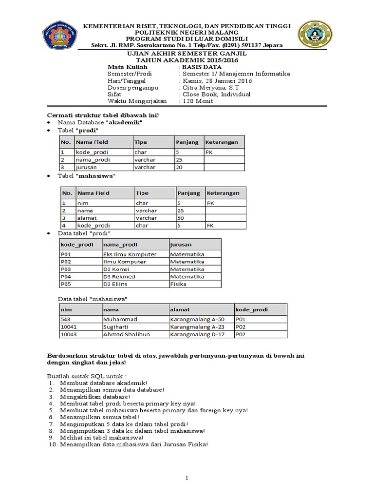 Soal UAS Basis Data (1MI1) | PDF