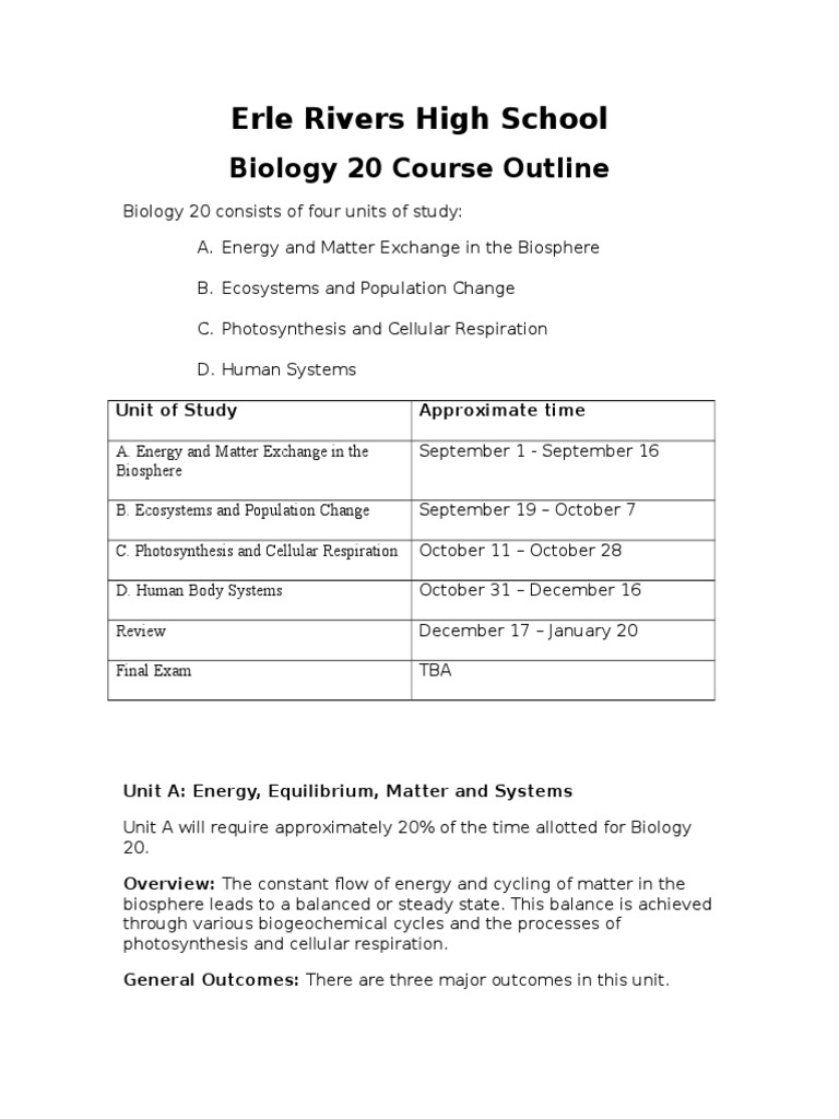 Erle Rivers High School: Biology 20 Course Outline | PDF | Adenosine ...