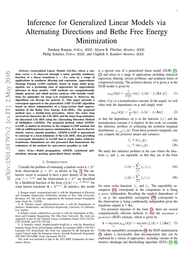 Inference For Generalized Linear Models Via Alternating Directions and Bethe Free Energy ...