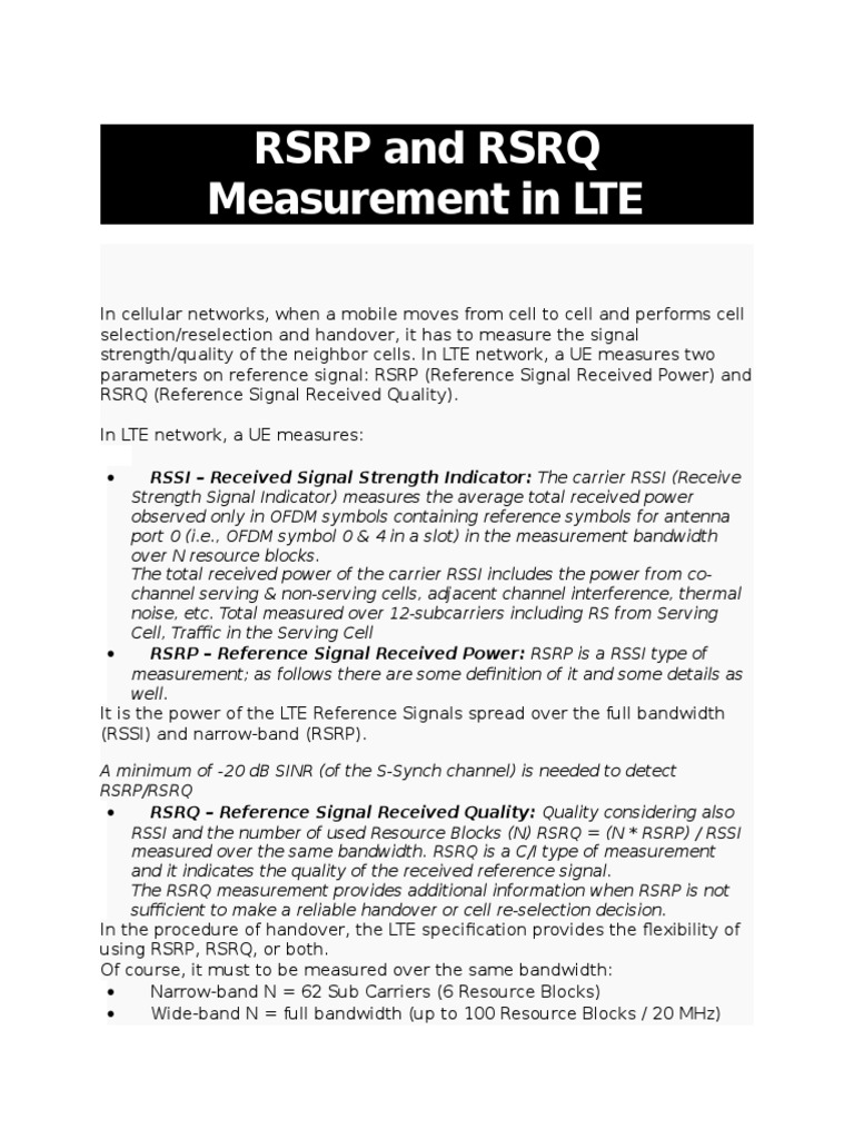 RSRP and RSRQ Measurement in LTE | PDF | Bandwidth (Signal Processing ...