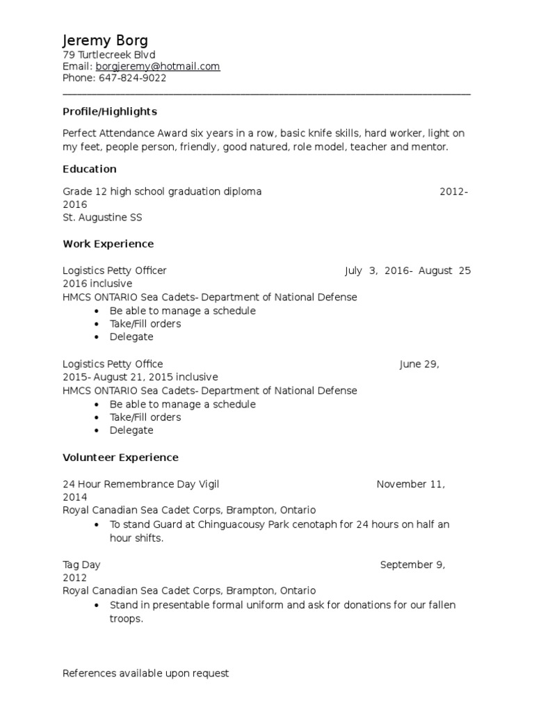 Jeremy Borg - Resume | PDF | Cadet | Military Science