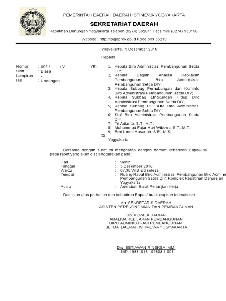 UNDANGAN RAPAT ADENDUM SURAT PERJANJIAN KERJA DI SETDA DIY | PDF