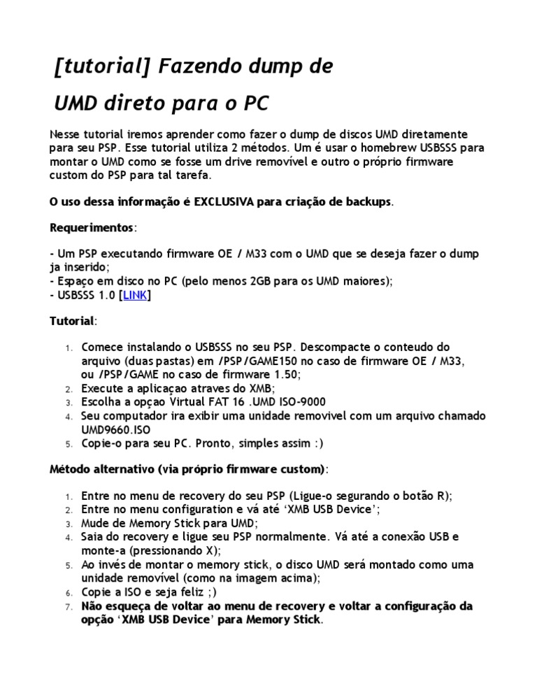 Dump de UMD para PC: Tutorial PSP | PDF