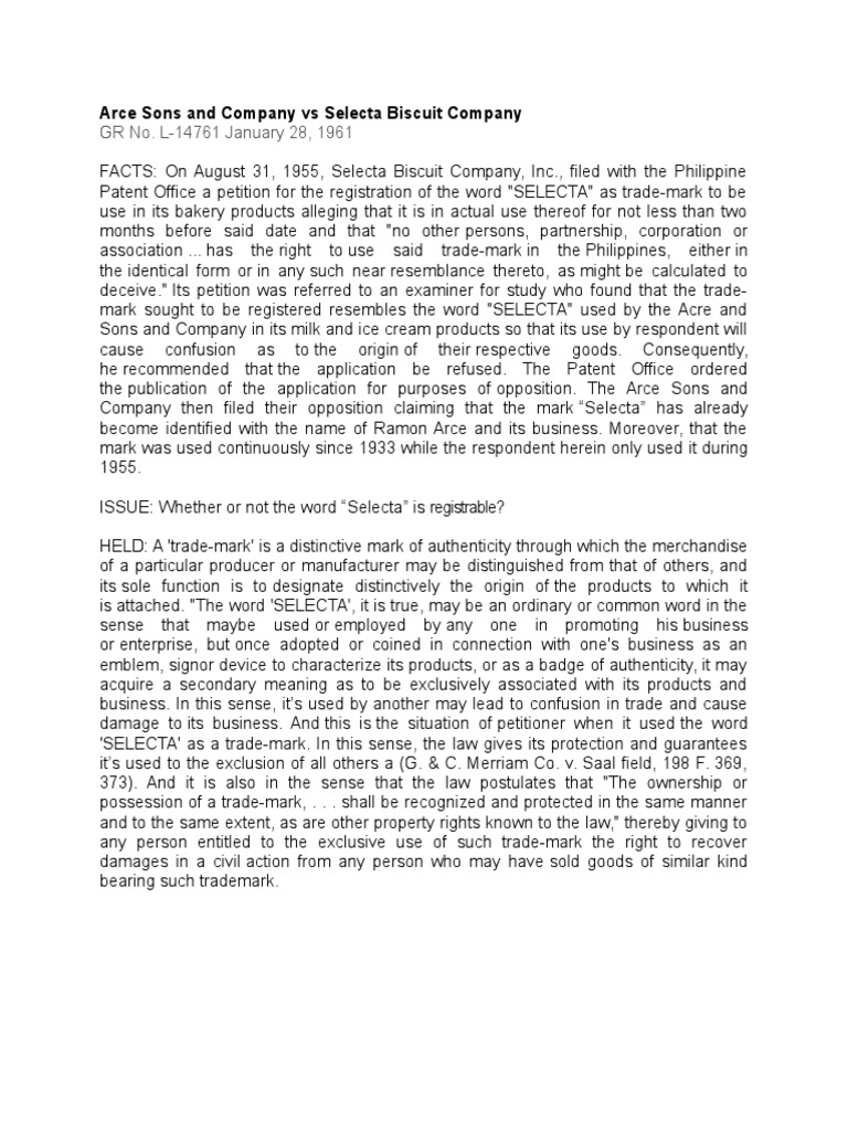 GR No. L-14761 January 28, 1961: Arce Sons and Company Vs Selecta ...