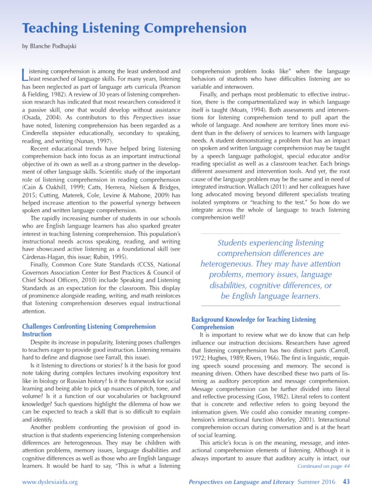 Teaching Listening Comprehension | PDF | Reading Comprehension | Attention