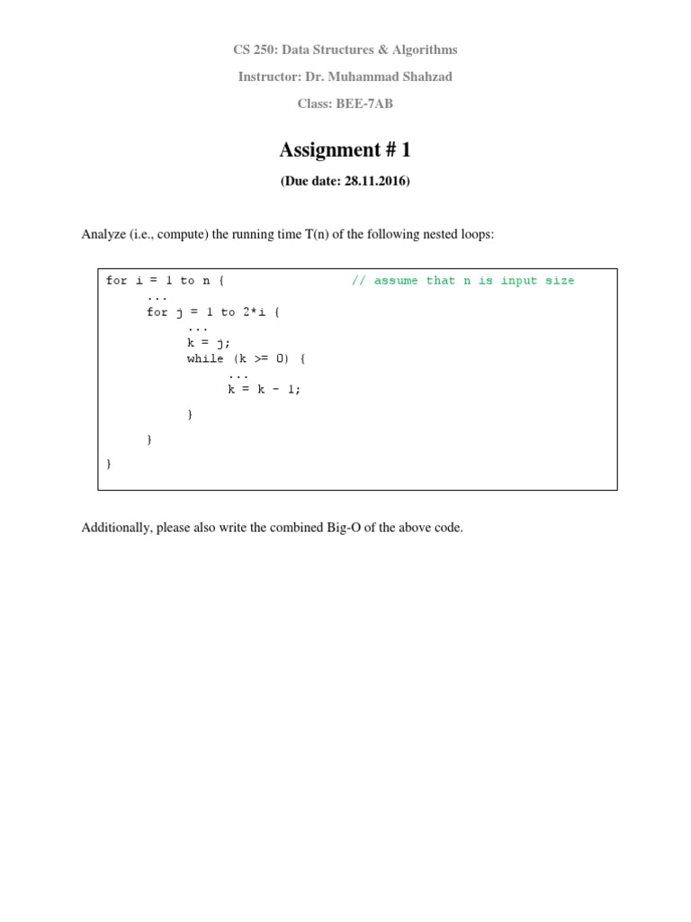 Assignment # 1: Analyze (I.e., Compute) The Running Time T (N) of The ...