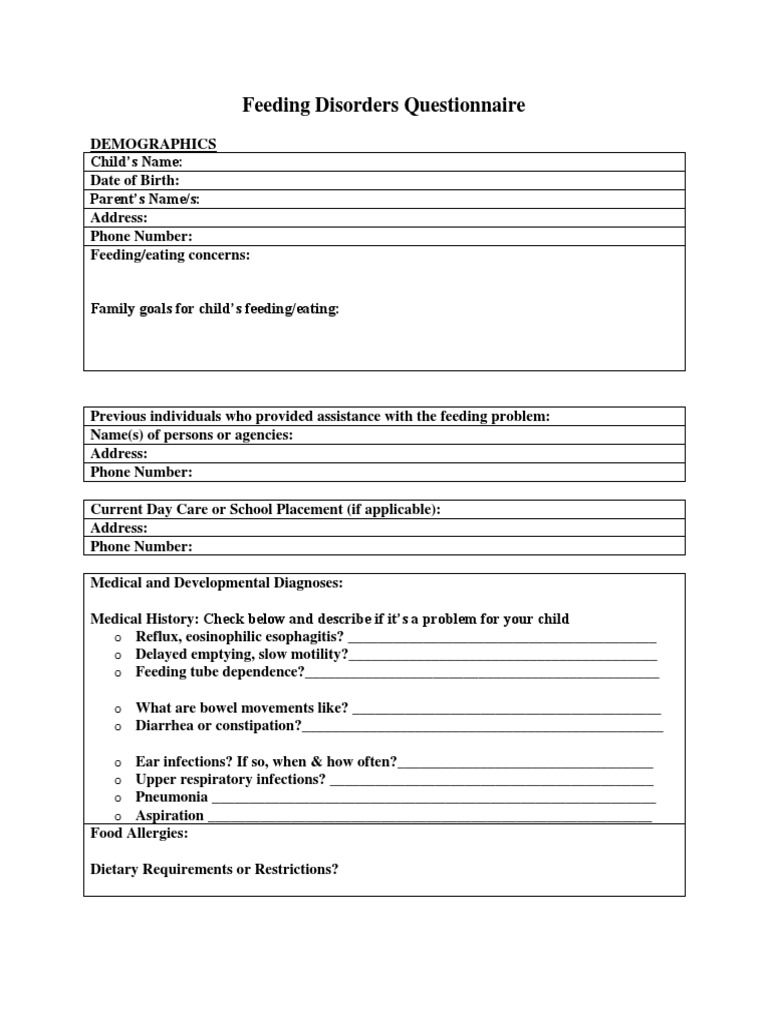 Feeding Intake Form With Food Preference List and BAMBIC Questionnaire ...