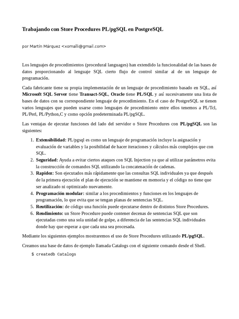 Trabajando Con Store Procedures PL/PGSQL en PostgreSQL | PDF | Postgre Sql | SQL