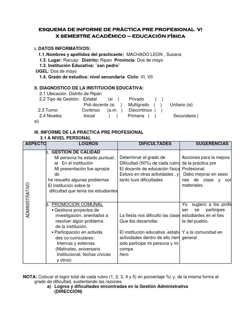 Informe de Practicas Pre Profesionales Susana | PDF | Educación Física | Maestros