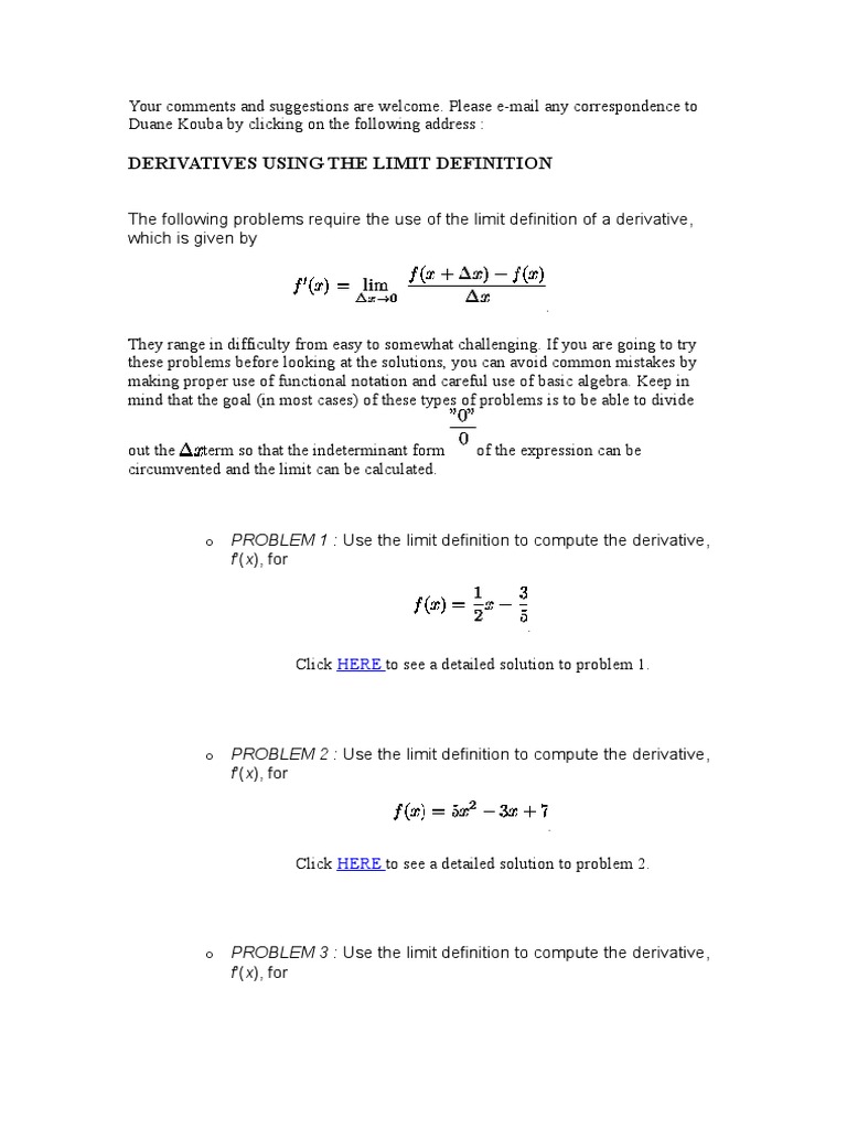 Deriving Derivatives: A Collection of Problems Applying the Limit ...