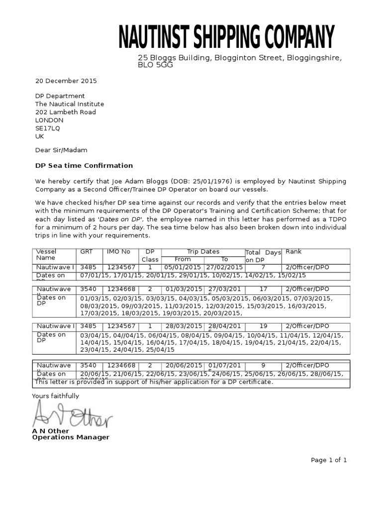Dp Sea Time Confirmation Letter | Water Transport | Business