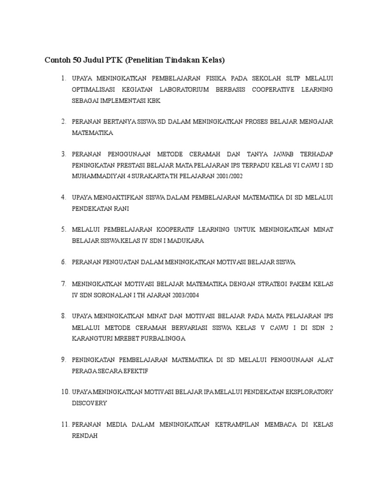 50 Contoh Judul PTK untuk SD | PDF | Ilmu Sosial | Kesehatan Holistik