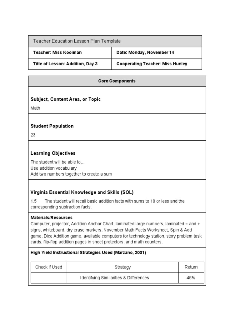 Teacher Education Lesson Plan Template: Subject, Content Area, or Topic ...