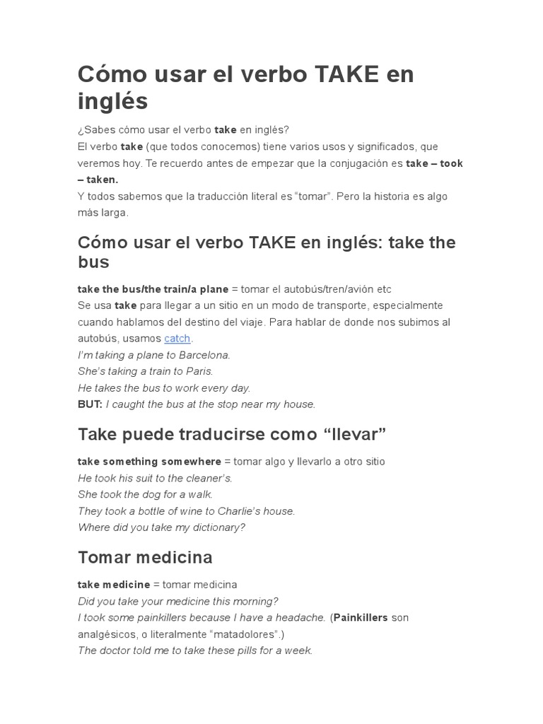 Cómo Usar El Verbo TAKE en Inglés | PDF | Ocio | Entretenimiento (general)
