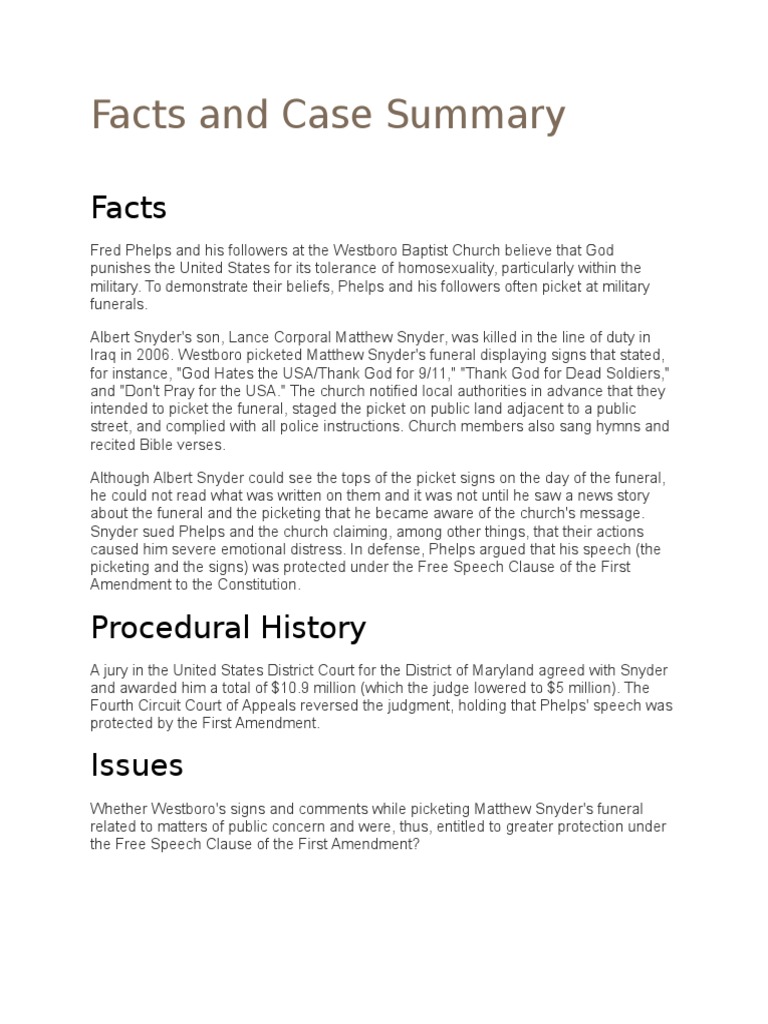 Snyder v. Phelps Case Summary | PDF | United States Case Law | Legal ...