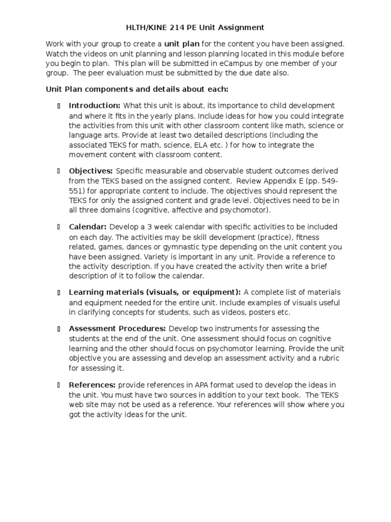 Pe Unit Plan Assignment 2 - 2 | PDF | Educational Assessment | Rubric ...