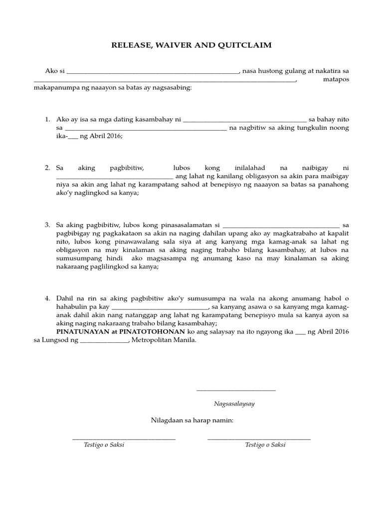 Release Waiver Quitclaim (Tagalog) - Kasambahay | PDF