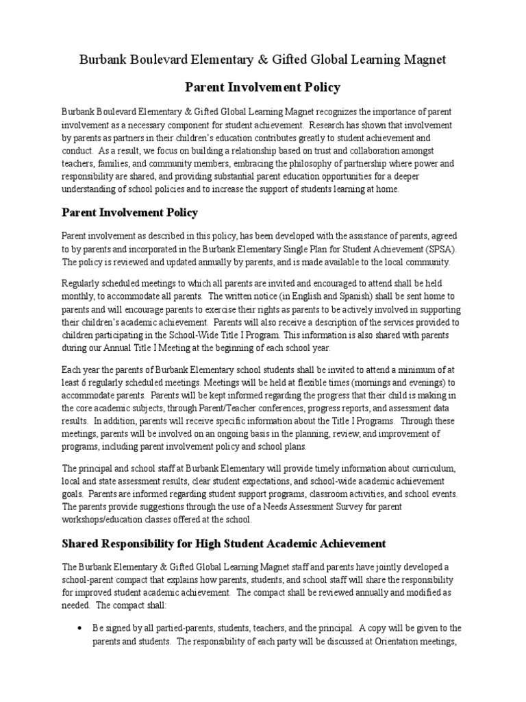Parent Involvement Policy | PDF | Elementary And Secondary Education ...