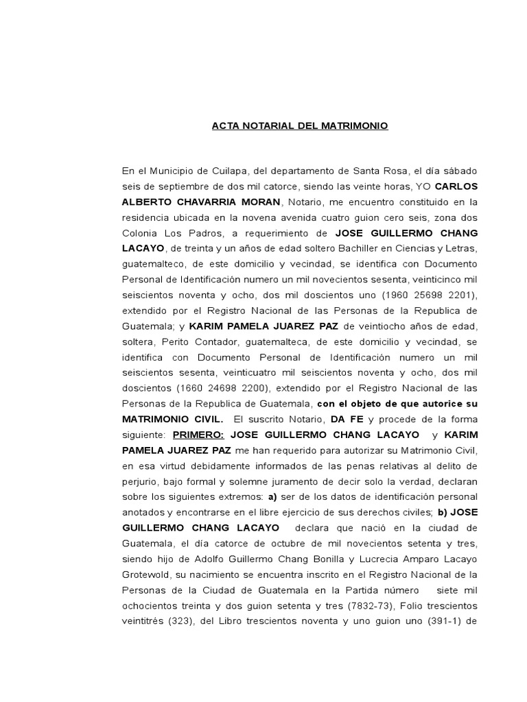Acta Notarial de Matrimonio | PDF | Matrimonio | Guatemala