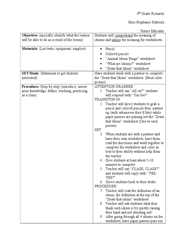 Idioms Lesson Plan | PDF | Lesson Plan | Cognition