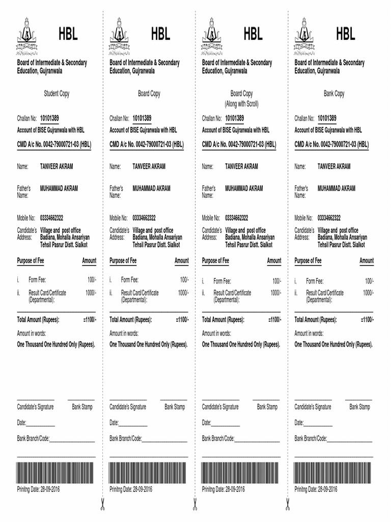 Gujranwala Board Challan Form | PDF
