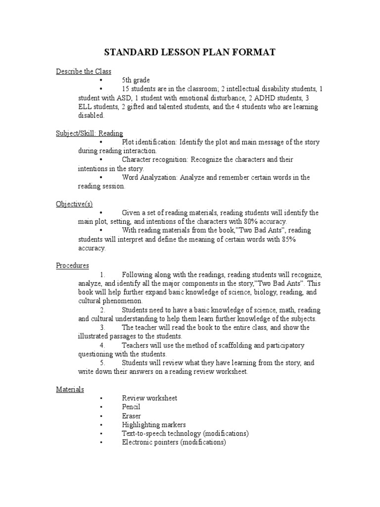 Standard Lesson Plan Format | PDF | Gifted Education | Reading (Process)